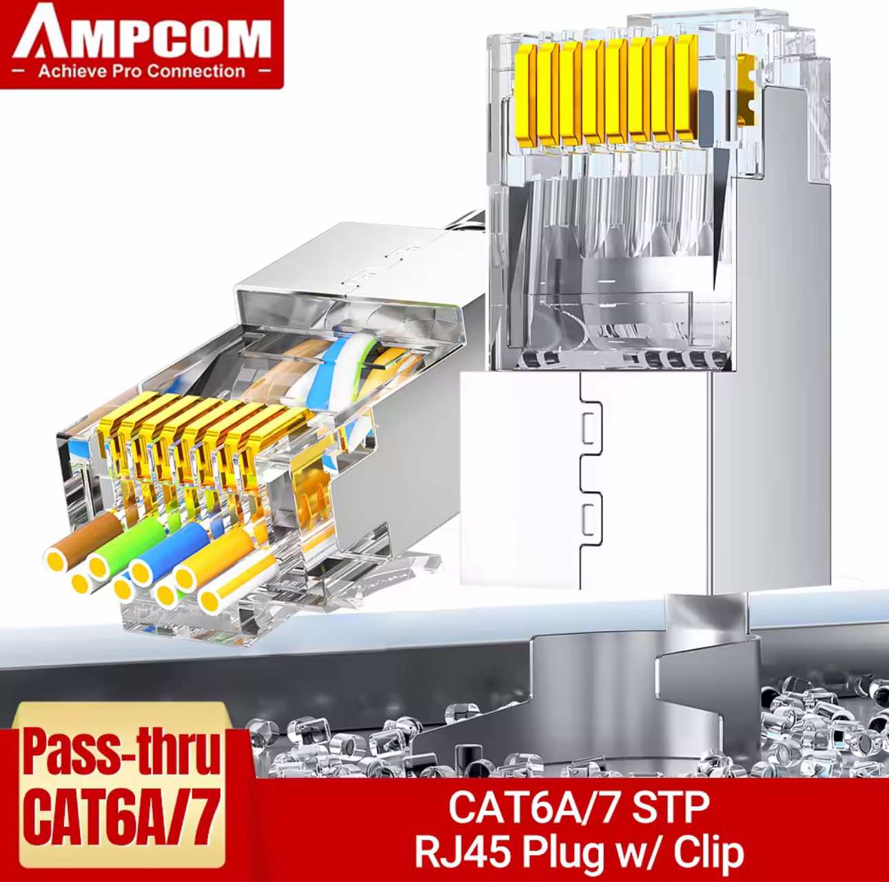 AMPCOM CAT7 RJ45 CONNECTOR CAT 6A AND CAT 7 NETWORK CABLE SILVER
