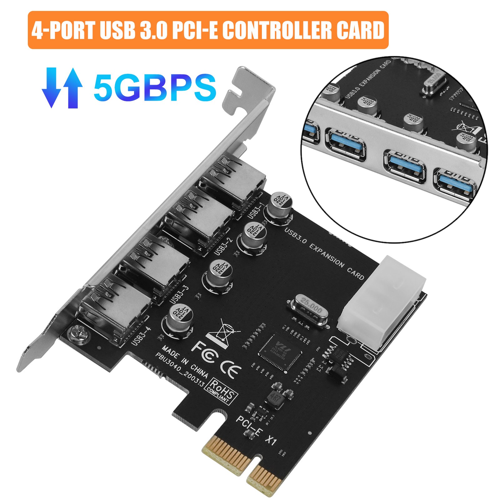 4-PORT USB 3.0 PCI-E CONTROLLER CARD, SUPER FAST 5GBPS